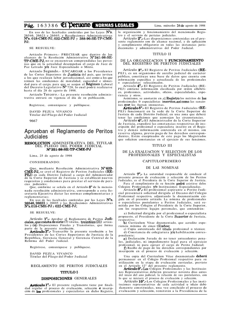 Reglamento de Peritos Judiciales 1998 | PDF | Testigo experto | Judicaturas