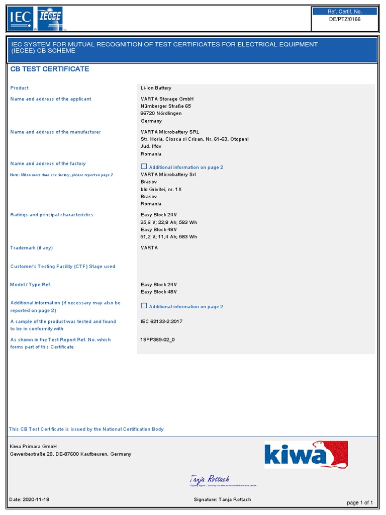 IEC62133-2 Certificate - Easy Block | PDF | Electrical Engineering