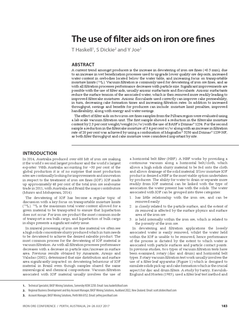 The Use of Filter Aids On Iron Ore Fines | PDF | Filtration | Iron Ore
