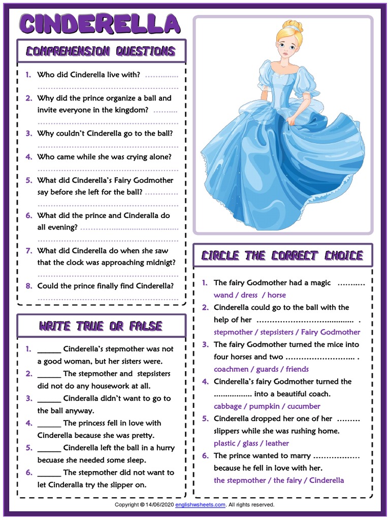 Cinderella Esl Printable Reading Comprehension Questions Worksheet For