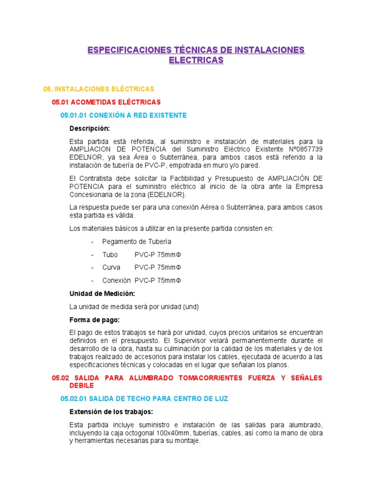 006 - Especificaciones Técnicas de Instalaciones Electricas | PDF | Enchufes y tomas de ...