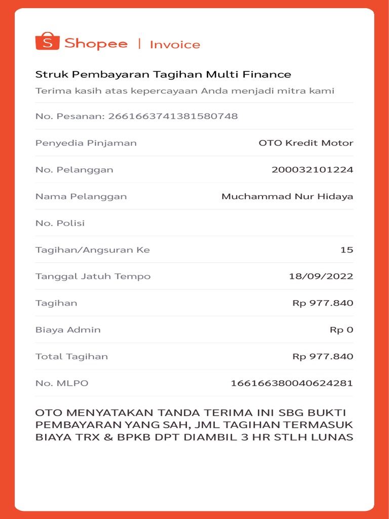 Invoice: Struk Pembayaran Tagihan Multi Finance | PDF