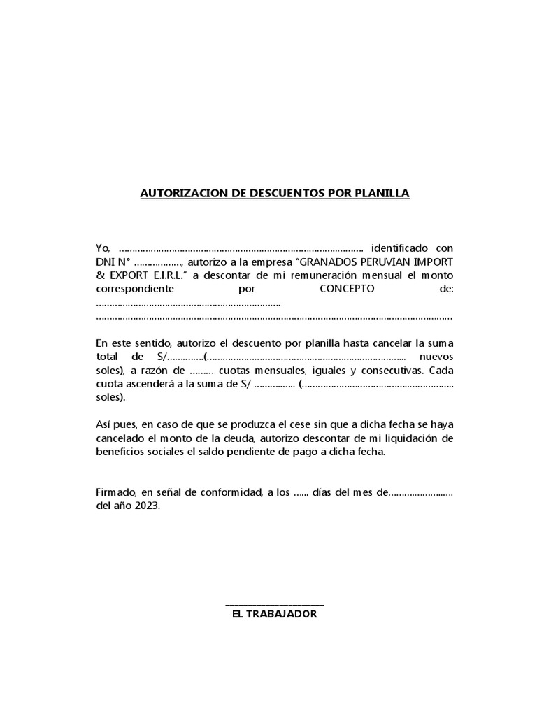 Autorización de Descuento Por Planilla | PDF