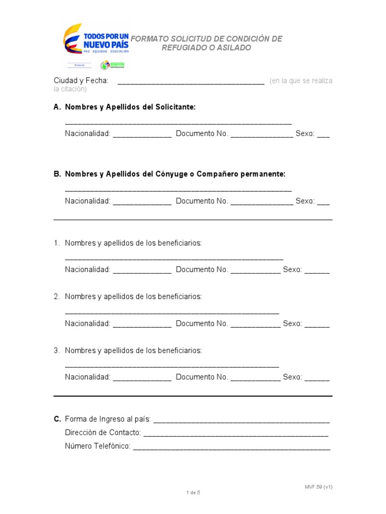 MVF 59 Formato Solicitud Condición de Refugiado o Asilado (v1) | PDF