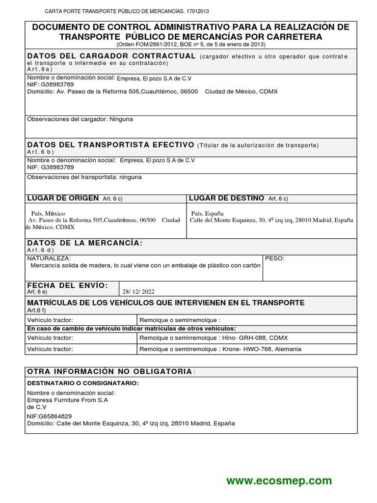 Documento Control Transporte Publico Mercancías | PDF