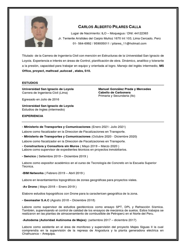 Cv. Carlos Pilares Calla | PDF | Aprendizaje | Liderazgo