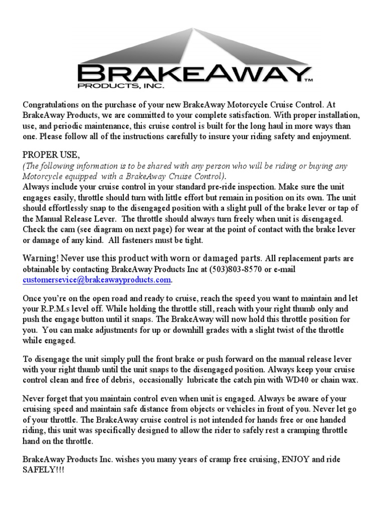 BrakeAway Motorcycle Cruise Control Guide | PDF | Screw | Machines