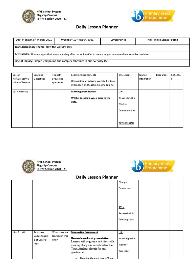 PYP III Daily Lesson Planner Monday 2 | PDF | Learning | Cognition
