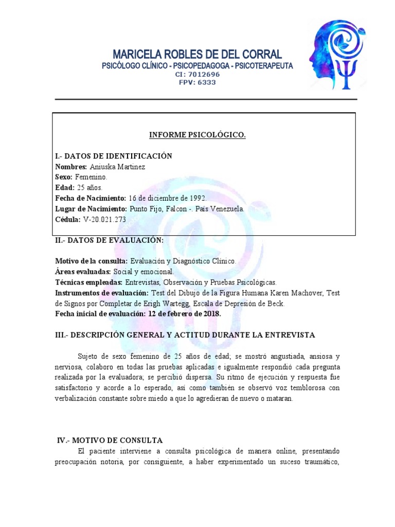 Modelo de Informe Psicologico | PDF | Trauma psicólogico | Ansiedad
