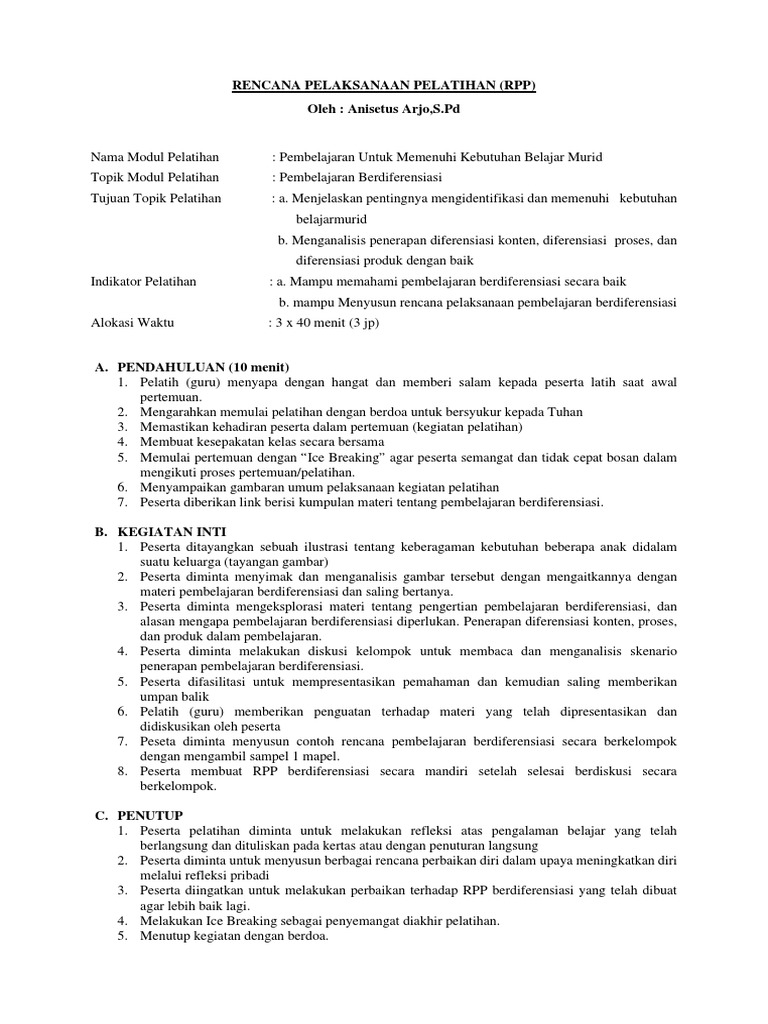Rencana Pelaksanaan Pelatihan (RPP) Oleh: Anisetus Arjo, S.PD | PDF