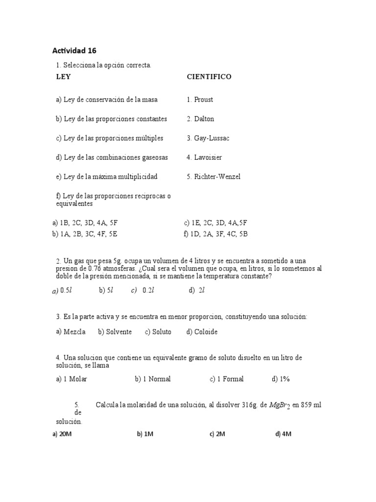 Actividades de Química: Leyes y Soluciones | PDF