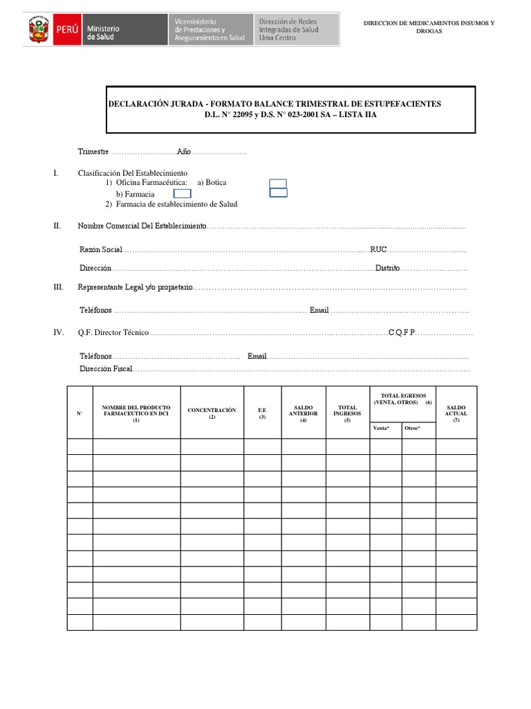 Formato de Balance Trimestral de Estupefacientes | PDF | Servicios ...