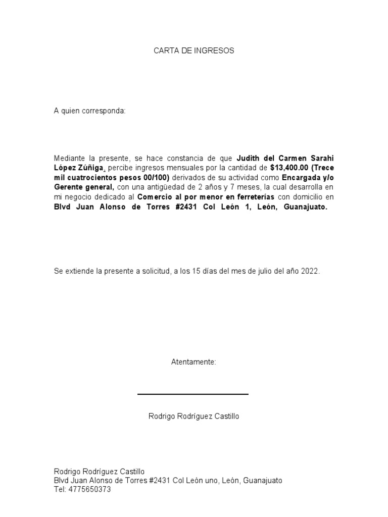 Carta de Ingresos | PDF