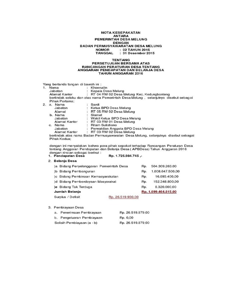 CONTOH NOTA KESEPAKATAN BPD TTG RAPBDesa | PDF