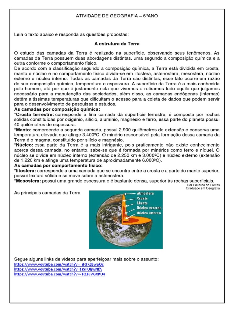 Atividades sobre a Estrutura da Terra 6º Ano | PDF | Terra | Crosta (Geologia)