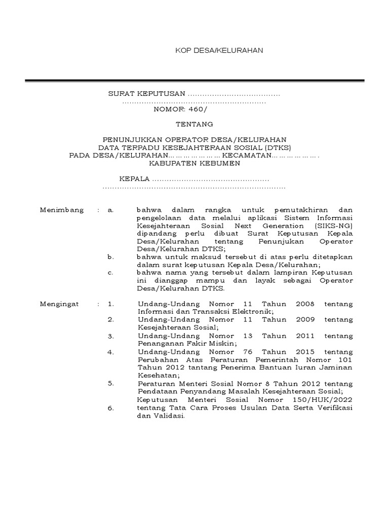 SK PENGELOLA DTKS Draft Kelurahan | PDF | Komputer | Teknologi & Rekayasa