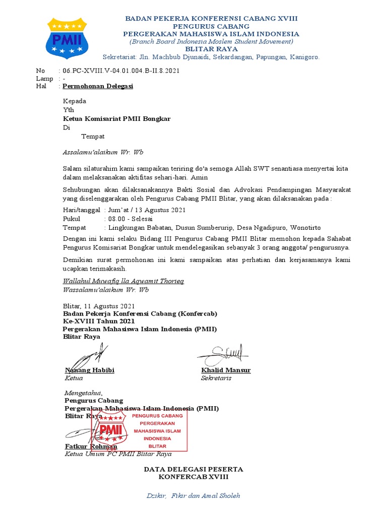 Surat Permohonan Delegasi Ke PMII Bongkar | PDF