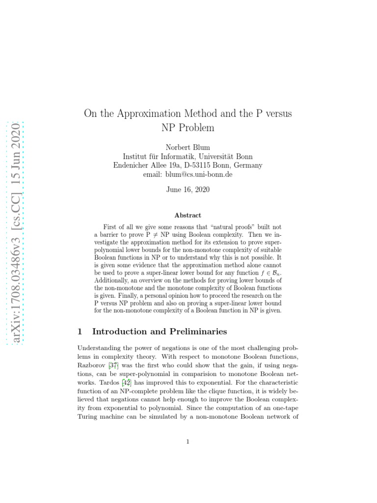 On The Approximation Method And The P Versus Np Problem Pdf Computational Complexity Theory