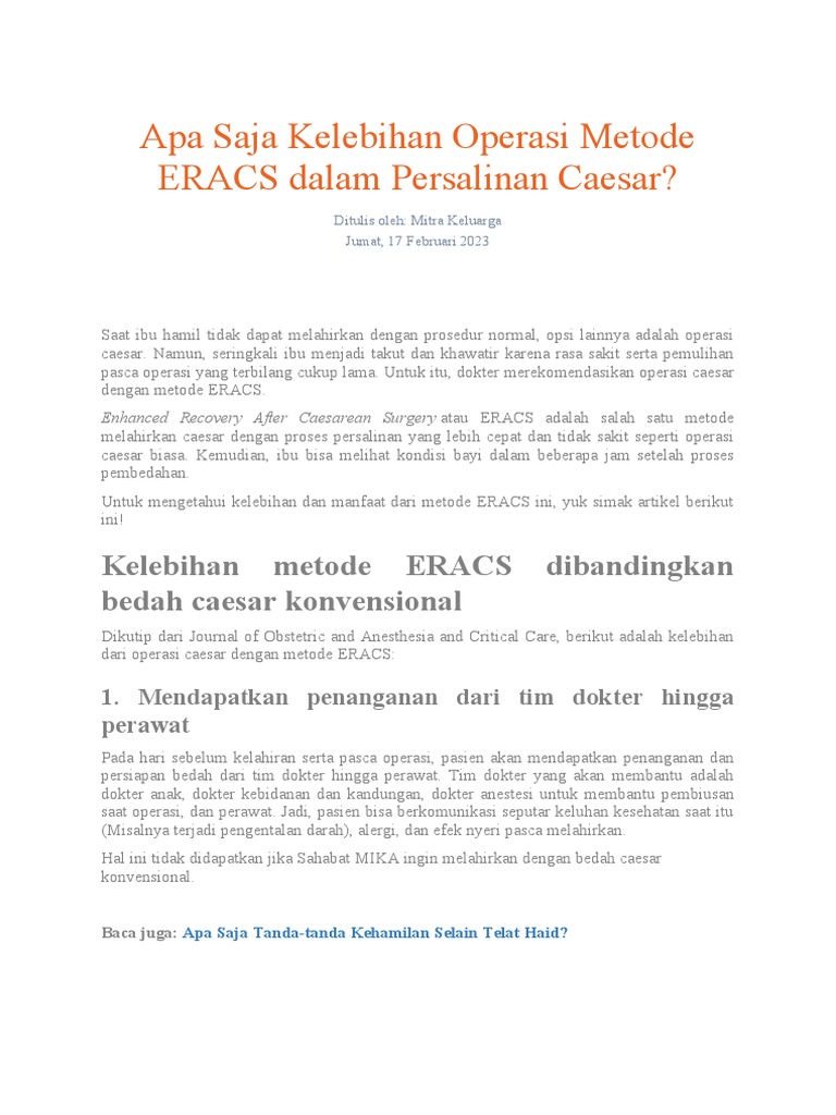 Apa Saja Kelebihan Operasi Metode ERACS Dalam Persalinan Caesar | PDF