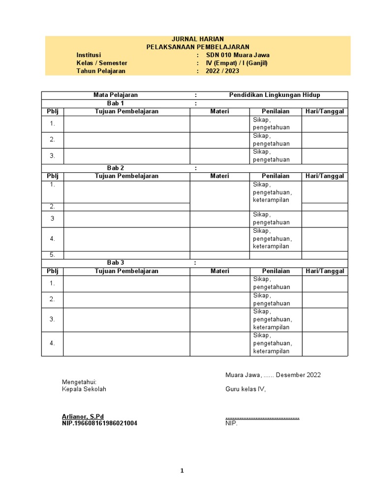 Jurnal PLH Kelas 4 | PDF