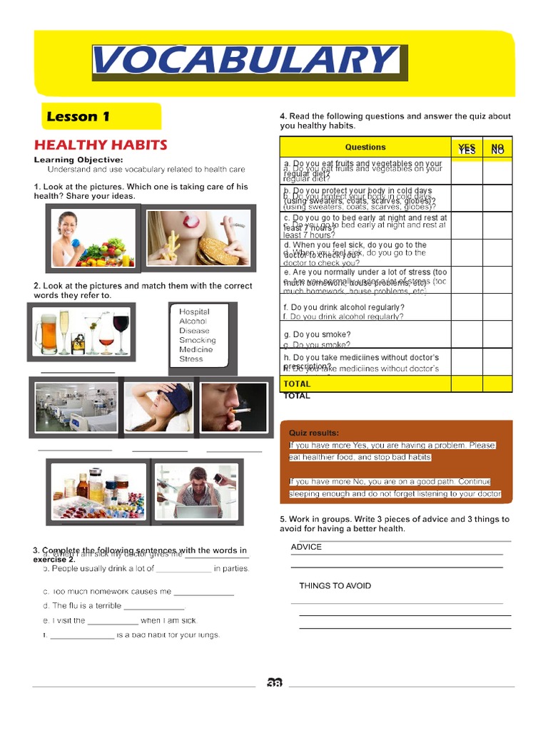Vocabulary L1 Healthy Habits | PDF
