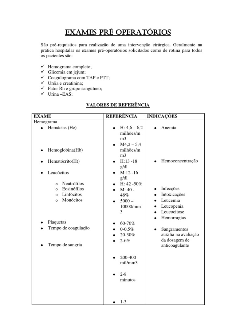 Exames Pré Operatórios | PDF | Glóbulo branco | Hemácia
