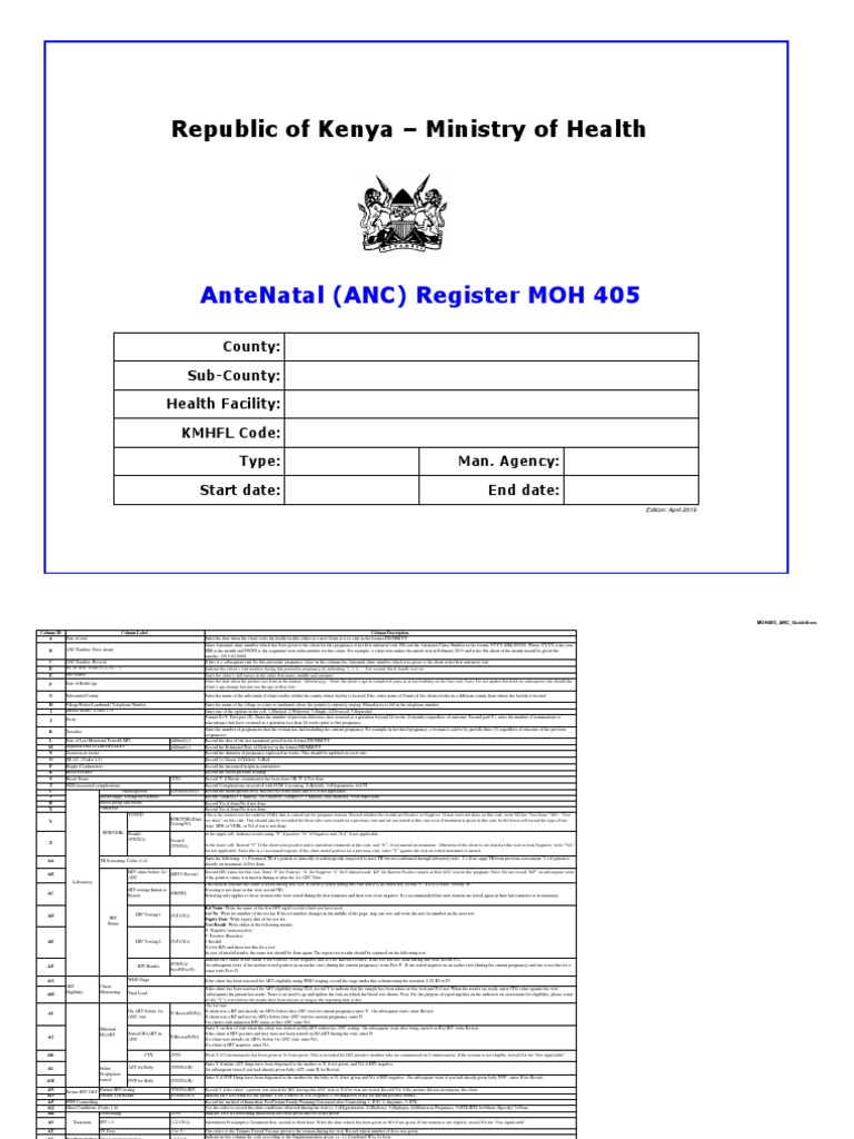 MOH 405 ANC Register 1 | PDF | Management Of Hiv/Aids | Pregnancy
