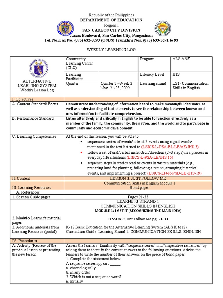 WLL LS1EnglishJHS Q2W3M1L3 Sequencing | PDF | Learning | Communication