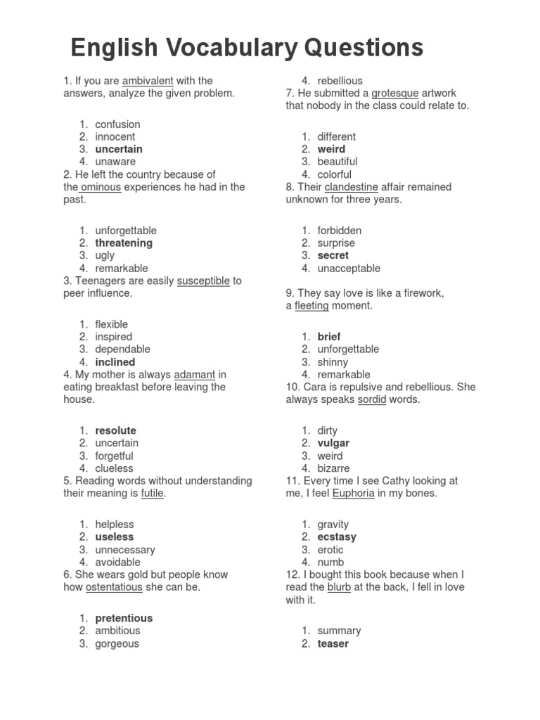 English Vocabulary Questions | PDF | Language Arts & Discipline