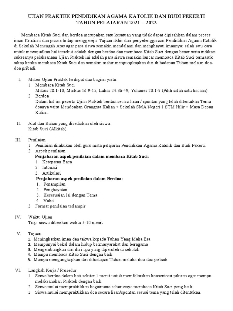 Ujian Praktek Agama Katolik Kelas XII | PDF