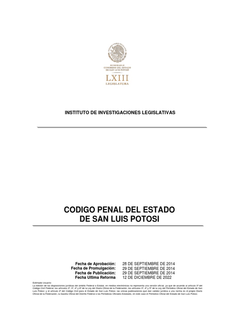 Cod. Penal SLP. Actualizado 2022 | Descargar gratis PDF | Derecho penal | Castigos