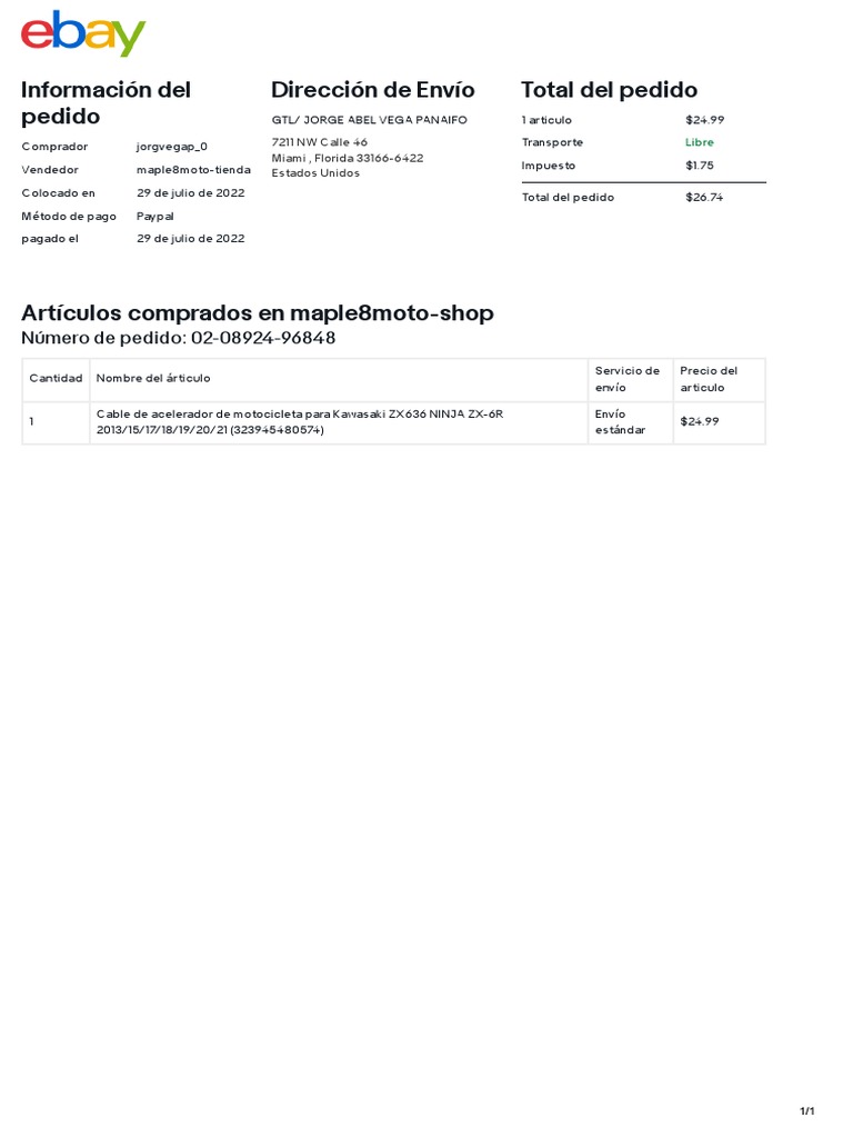 Pedido de eBay: Cable Kawasaki ZX-6R | PDF