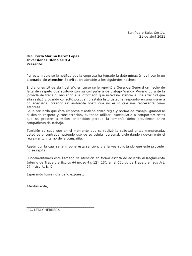 Llamado de Atención Escrito Bodega | PDF