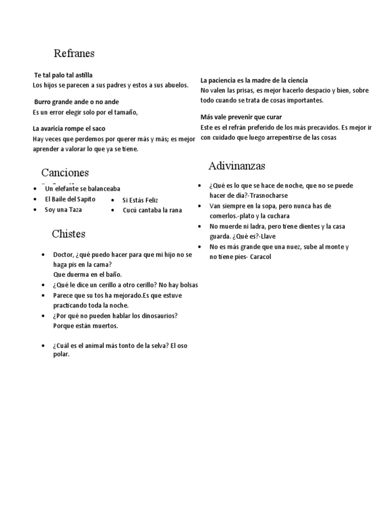 Refranes, Canciones y Chistes Infantiles | PDF | Artes del Lenguaje y ...
