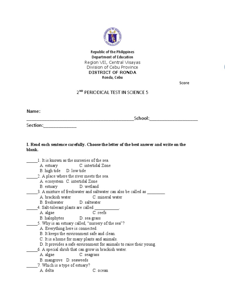 2nd Pt Science 5 Pdf Puberty Estuary