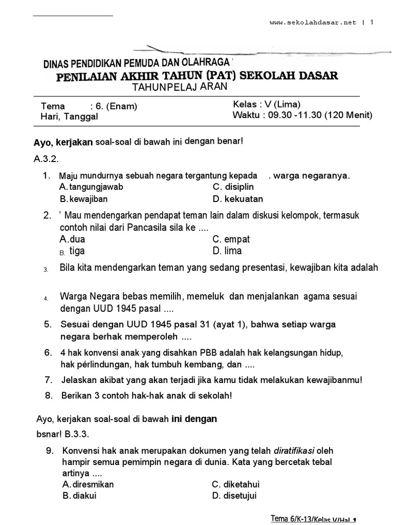 Soal Ulangan Kelas 5 Tema 6 Dikonversi Pdf