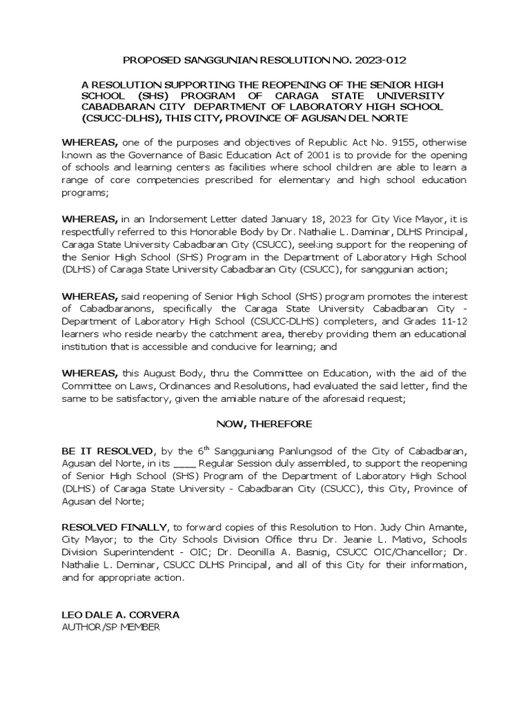 Proposed Sanggunian Resolution No. 2023-012 | PDF