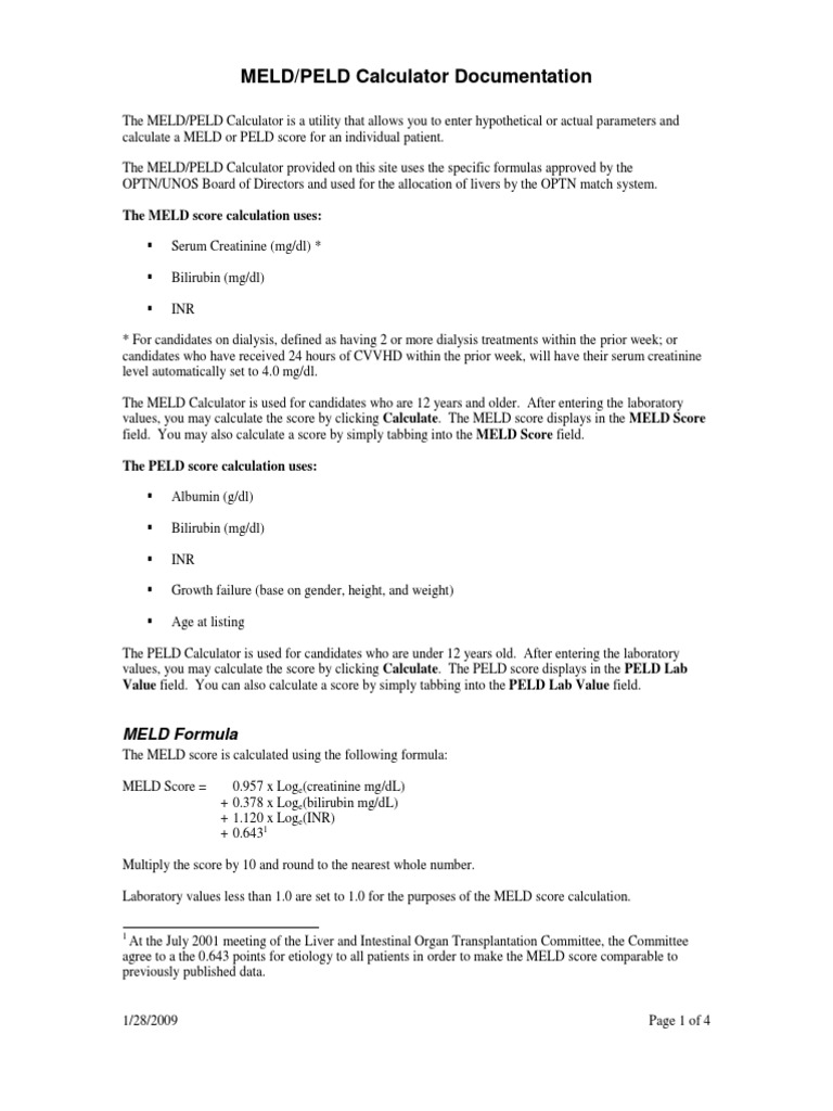 MELD/PELD Calculator Documentation: The MELD Score Calculation Uses | PDF