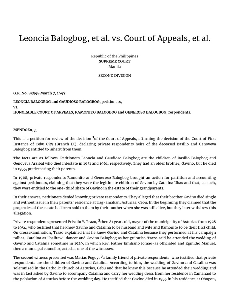 Leoncia Balogbog, Et Al. vs. Court of Appeals, Et Al. - Republic Act ...