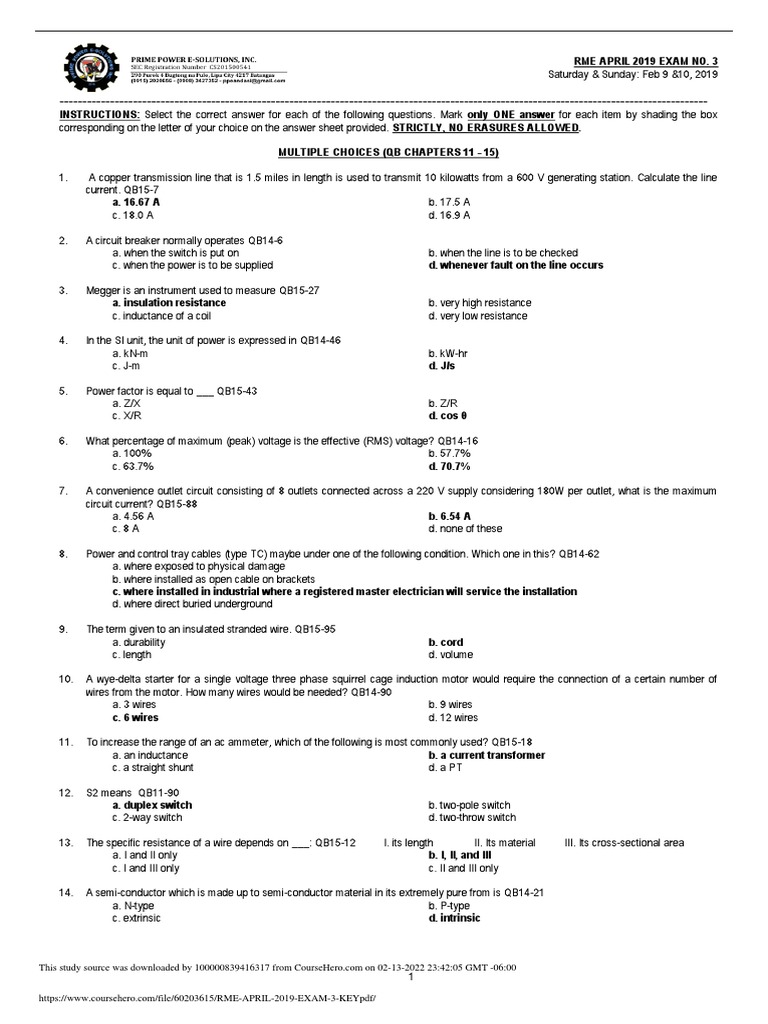 Rme April 2019 Exam 3 Key PDF | PDF | Capacitor | Electric Motor