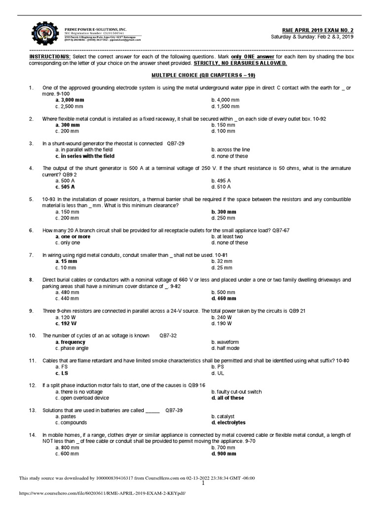 Rme April 2019 Exam 2 Key PDF | PDF | Electrical Resistance And ...