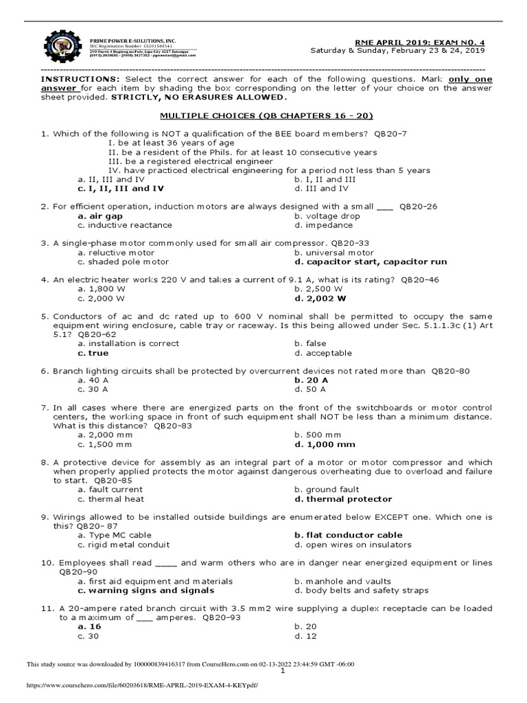 Rme April 2019 Exam 4 Key PDF | PDF | Electric Motor | Inductor