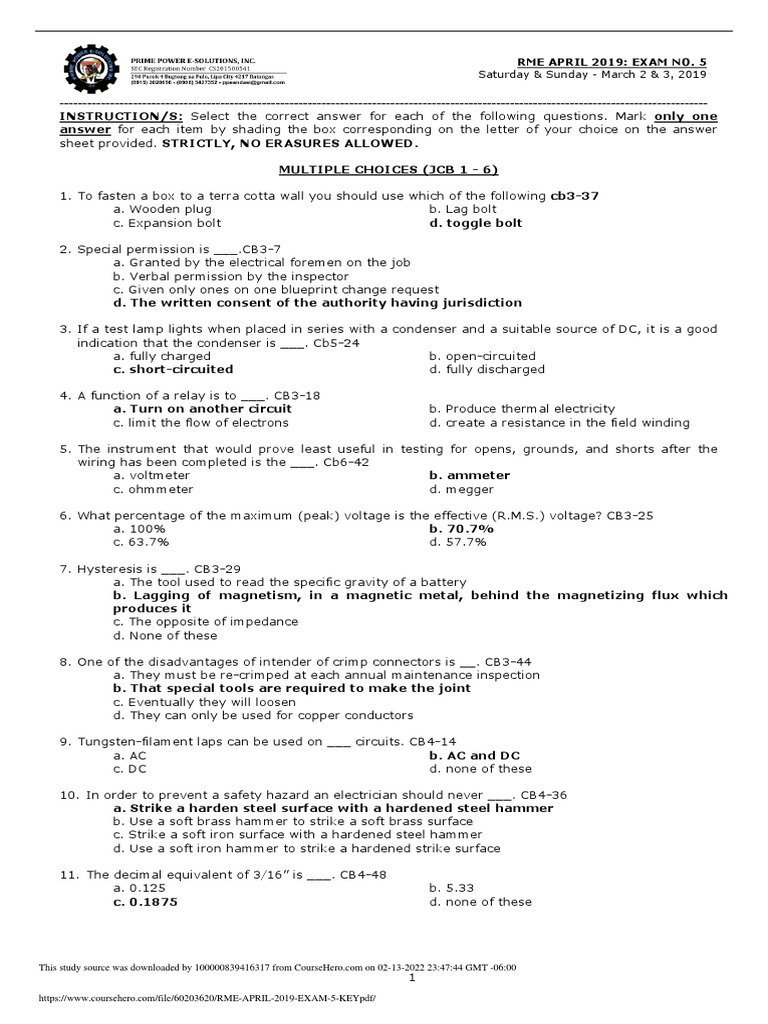 Rme April 2019 Exam 5 Key PDF | PDF | Electrical Resistance And ...