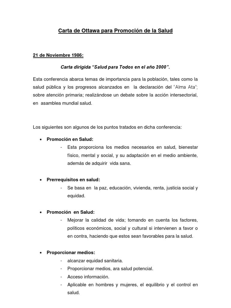 La Carta de Ottawa y sus principios para la promoción de la salud | PDF ...