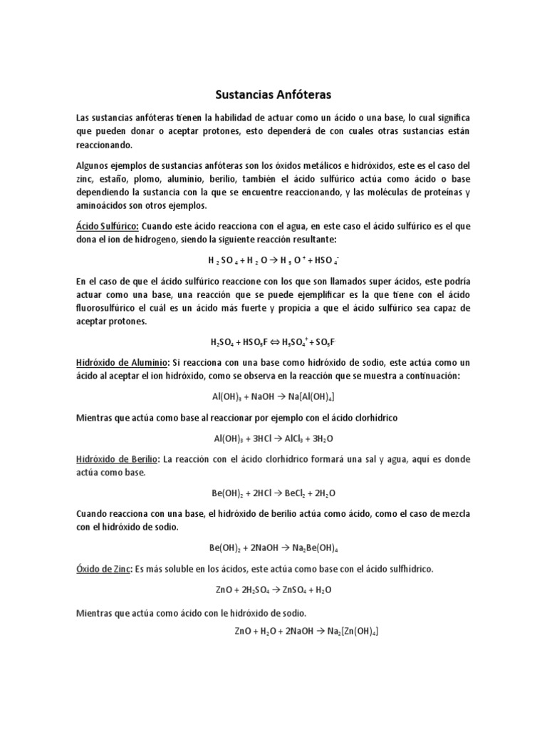 Sustancias Anfóteras y sus Ejemplos | PDF | Ácido | Hidróxido