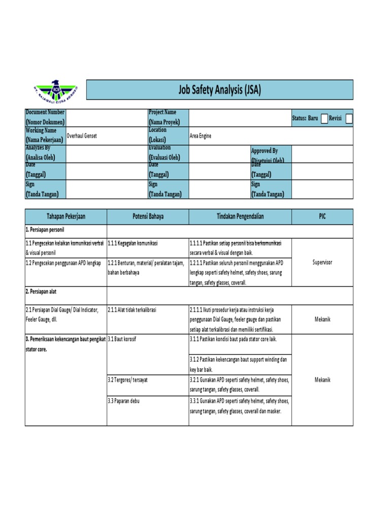 JSA Overhaul Genset RCB | PDF
