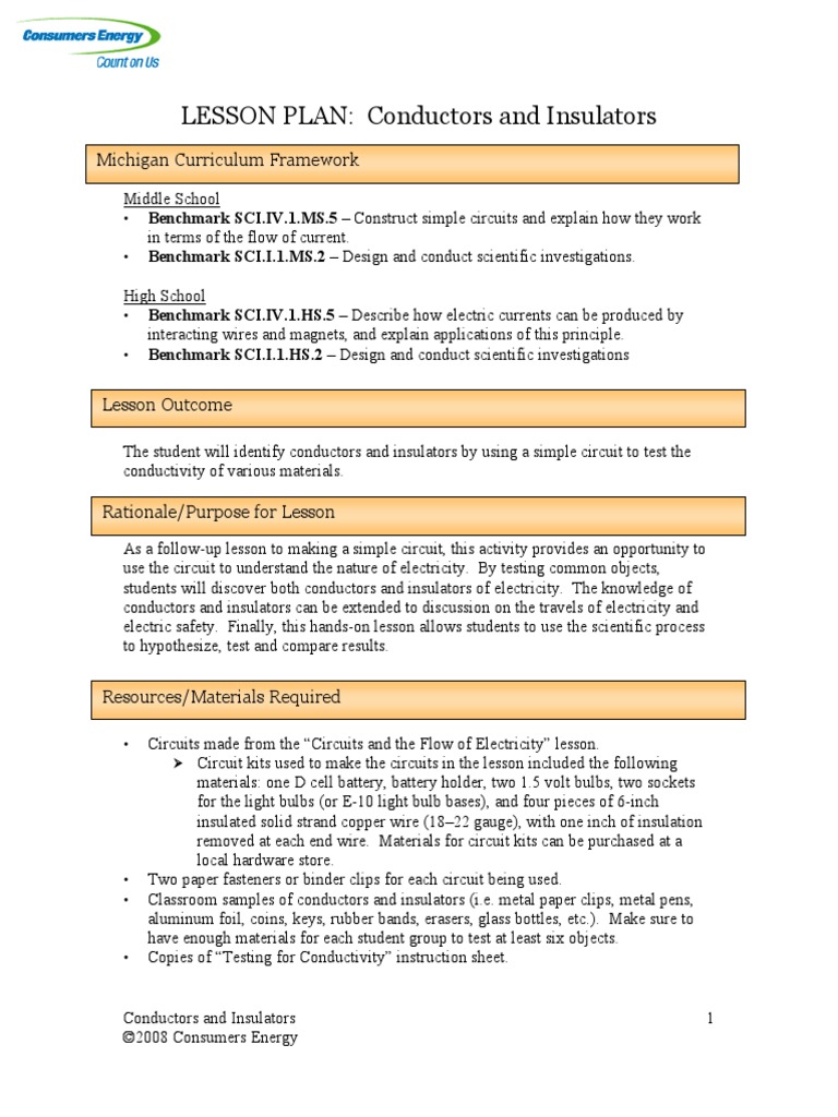 LESSON PLAN: Conductors and Insulators: Michigan Curriculum Framework ...