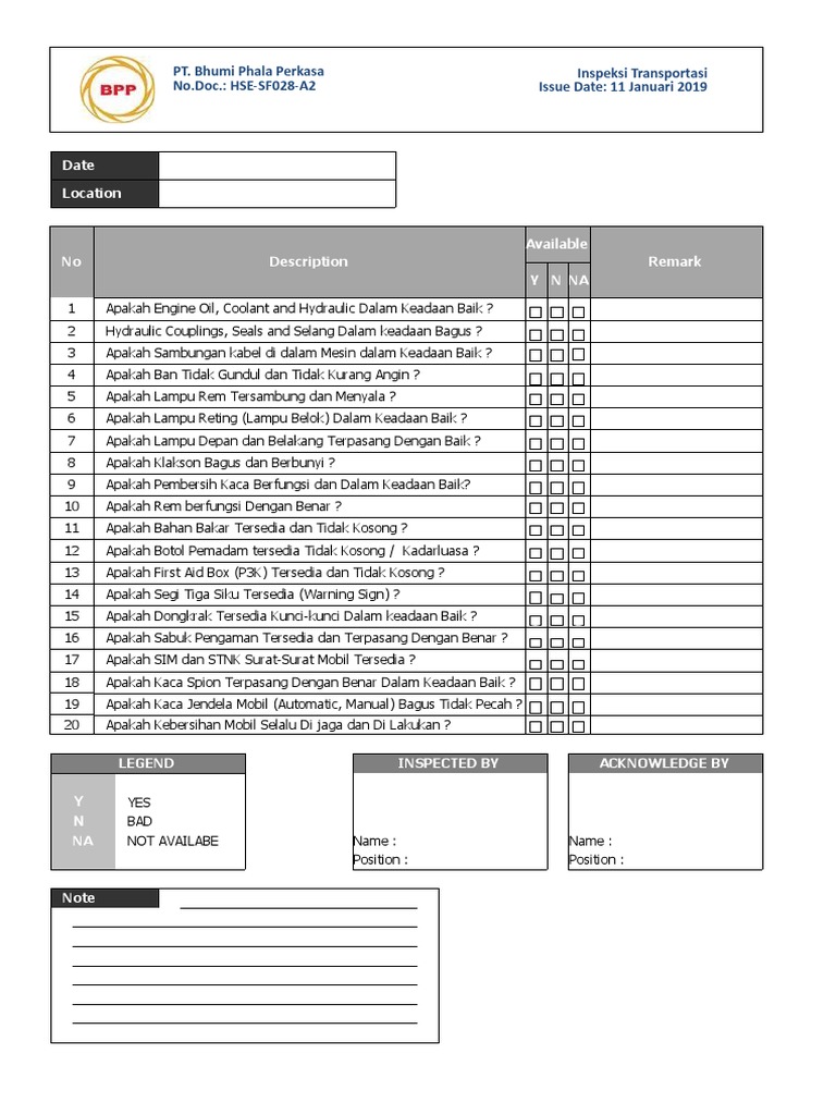 Form Inspeksi Transportasi | PDF