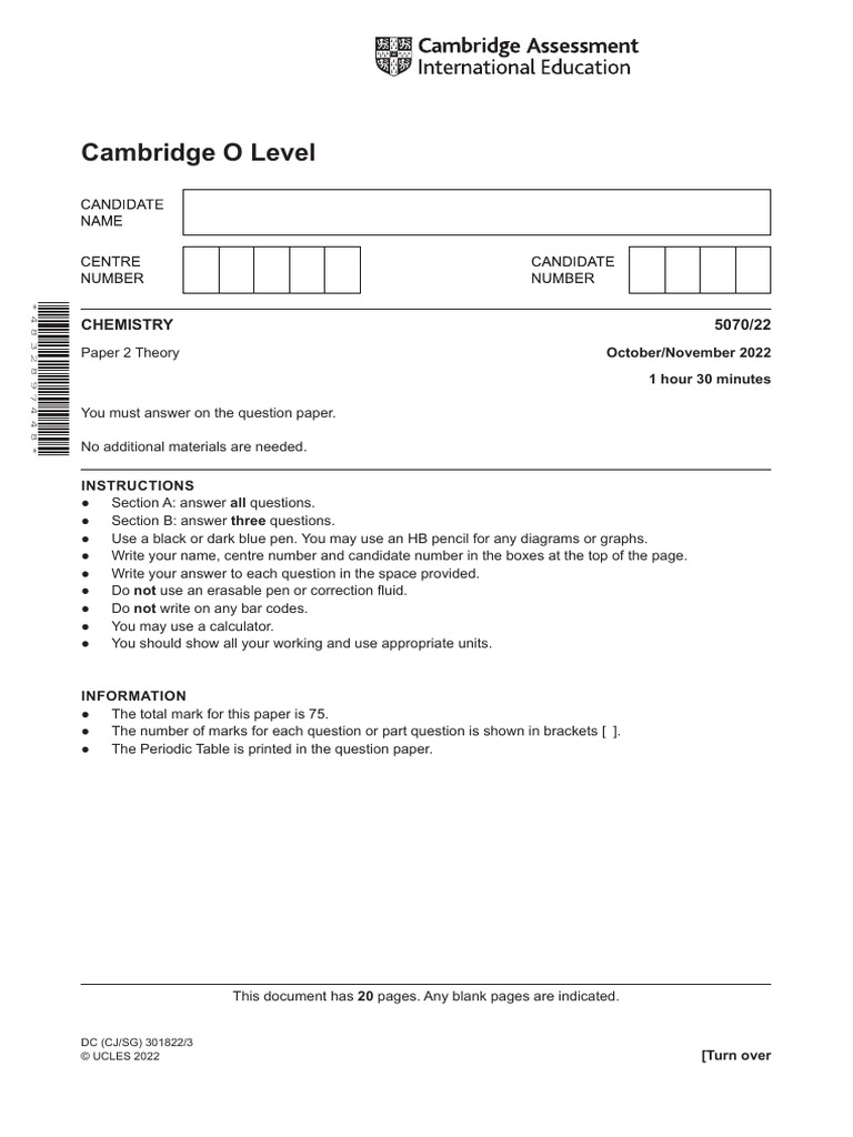 Cambridge O Level: CHEMISTRY 5070/22 | PDF | Alkane | Ammonium
