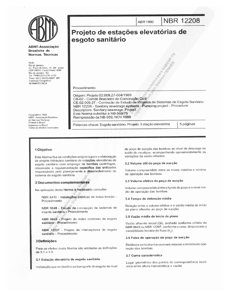 ABNT NBR 12208 - 1992 - Projeto de Estações Elevatórias de Esgoto | PDF